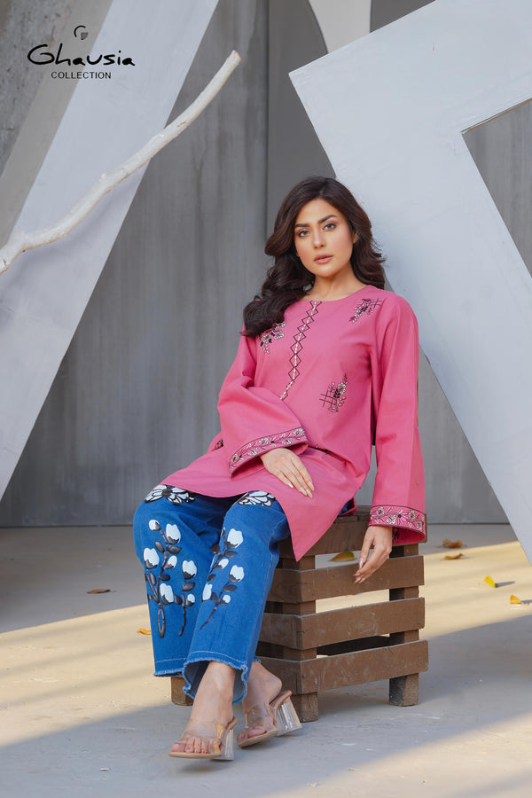 Cotton Short Embroidered Kurti - G2059 – Ghausia Collection